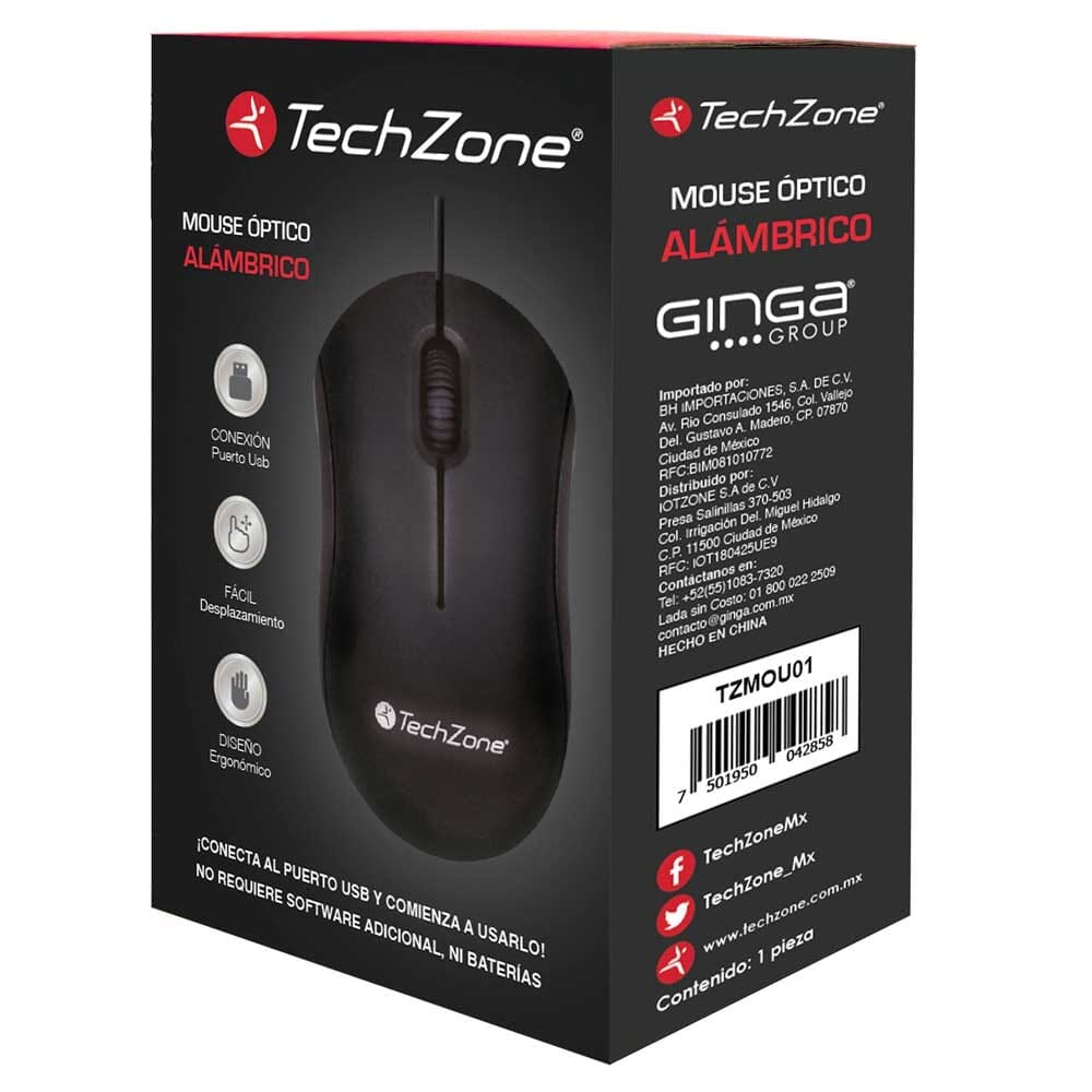 Mouse Techzone TZMOU01 | Alámbrico | Negro | Ergonómico - Kiosko