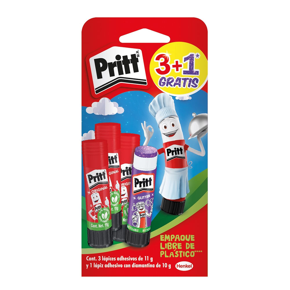 Lápiz Adhesivo Pritt 11gr 3pzas + 1 Glitter Morado 10g | Pegamentos ...