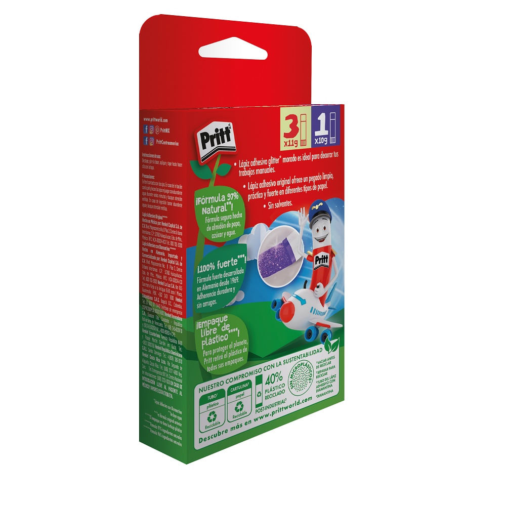 Lápiz Adhesivo Pritt 11gr 3pzas + 1 Glitter Morado 10g | Pegamentos ...
