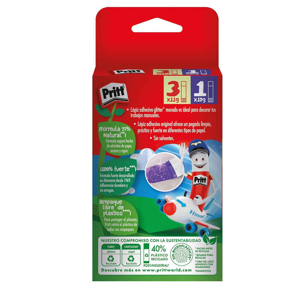 Lápiz Adhesivo Pritt 11gr 3pzas + 1 Glitter Morado 10g | Pegamentos ...