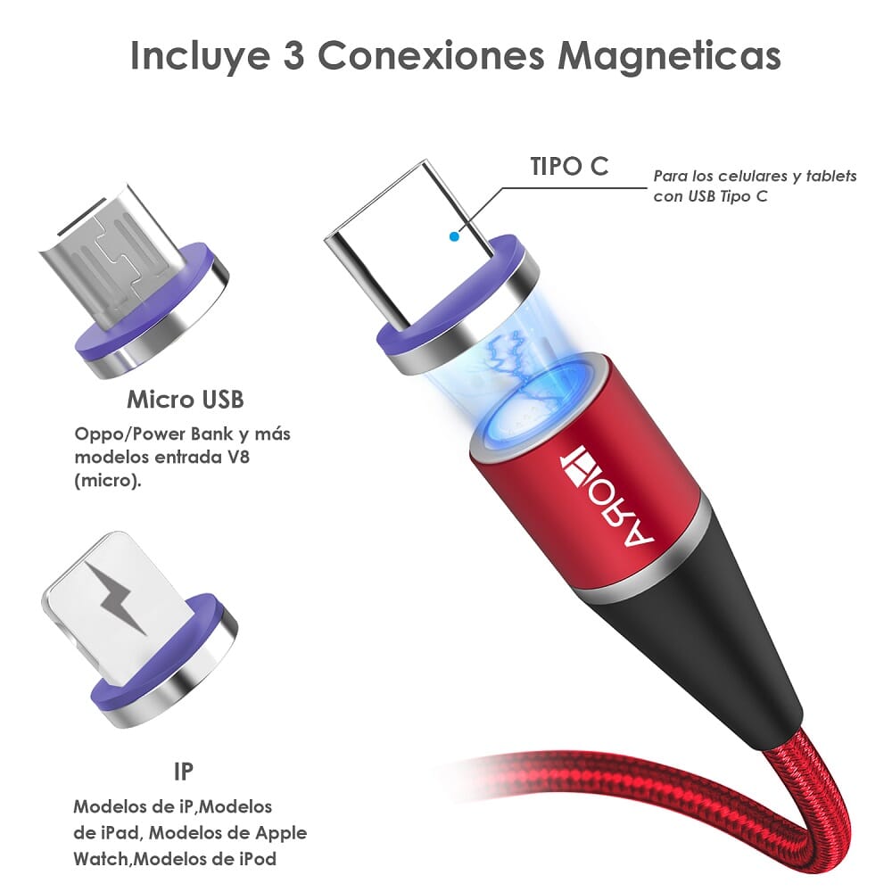 Cable Magnético USB 1Hora 3 Puntas Rojo 1 metro | Cables Y Adaptadores ...